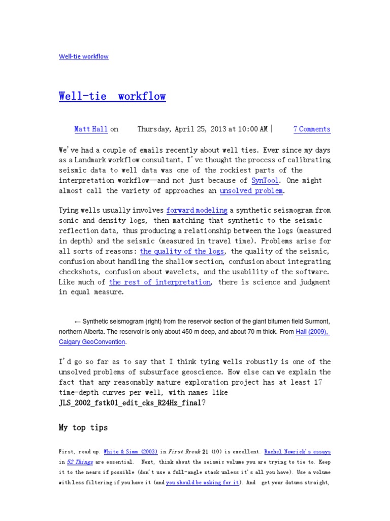Well-Tie Workflow: Matt Hall 7 Comments | PDF | Reflection Seismology ...