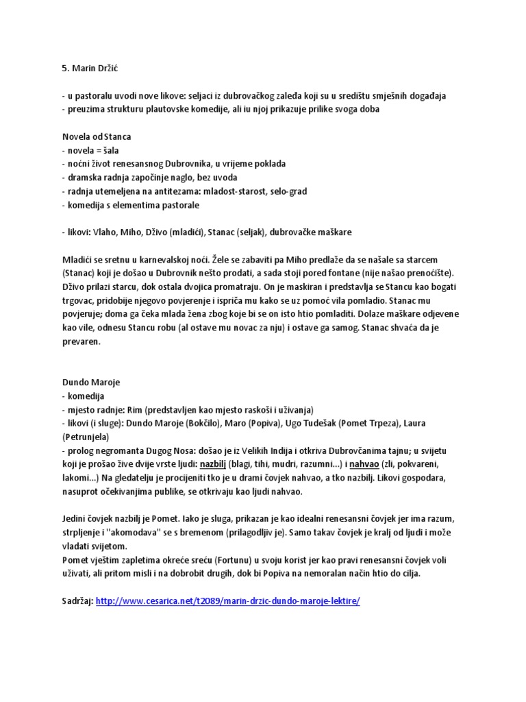 Marin Držić - Novela Od Stanca, Dundo Maroje | PDF
