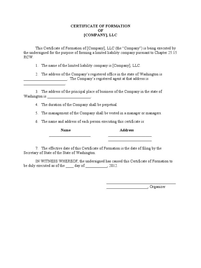 EXAMPLE - Certificate of Formation (WA) | PDF