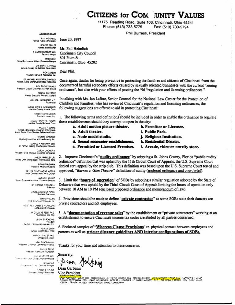 6/20/97 Citizens For Community Values Letter To Cincinnati Councilman ...