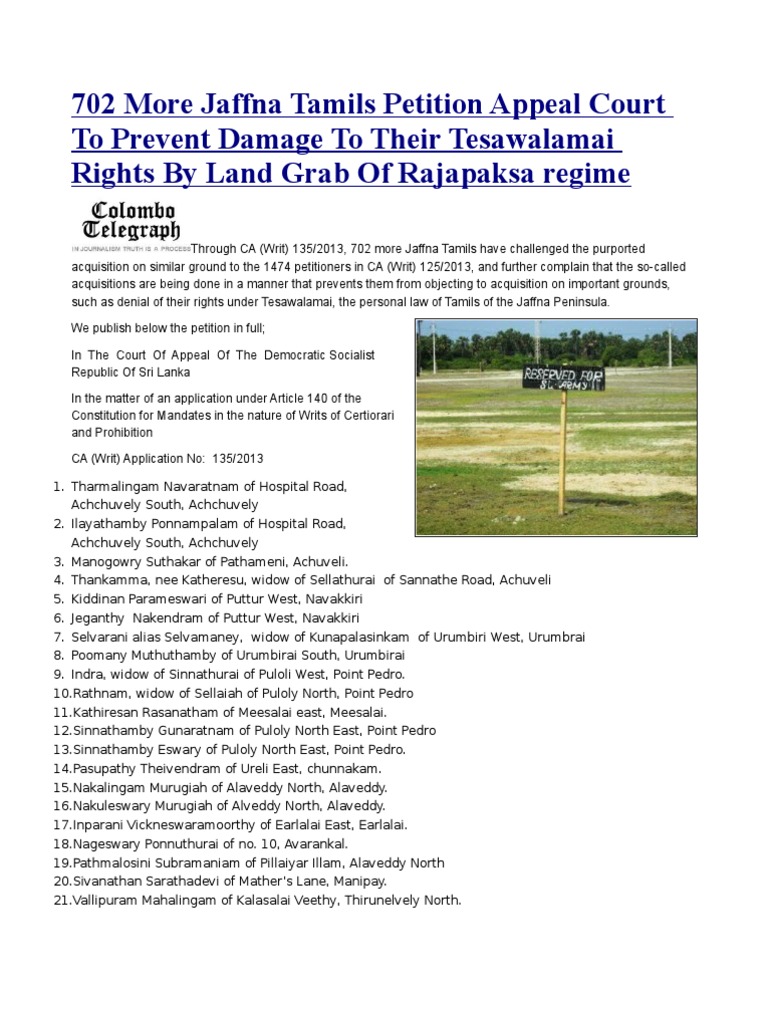 Jaffna Tamils Challenge Land Acquisitions | PDF | Travel | Art