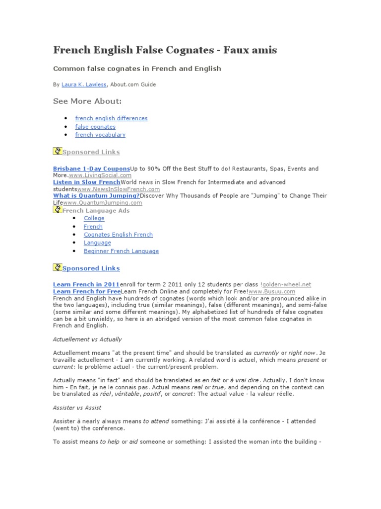 French-English False Cognates Guide | PDF | Entrée | English Language