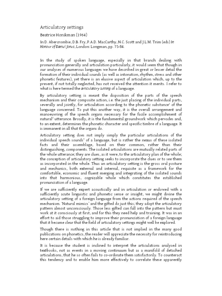Honikman 1964 Articulatory Settings | PDF | English Language | Vowel