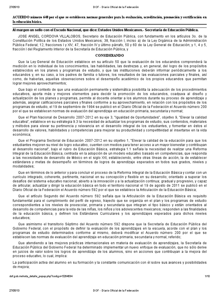 DOF - Acuerdo 648 | PDF | Educación Secundaria | Educación primaria