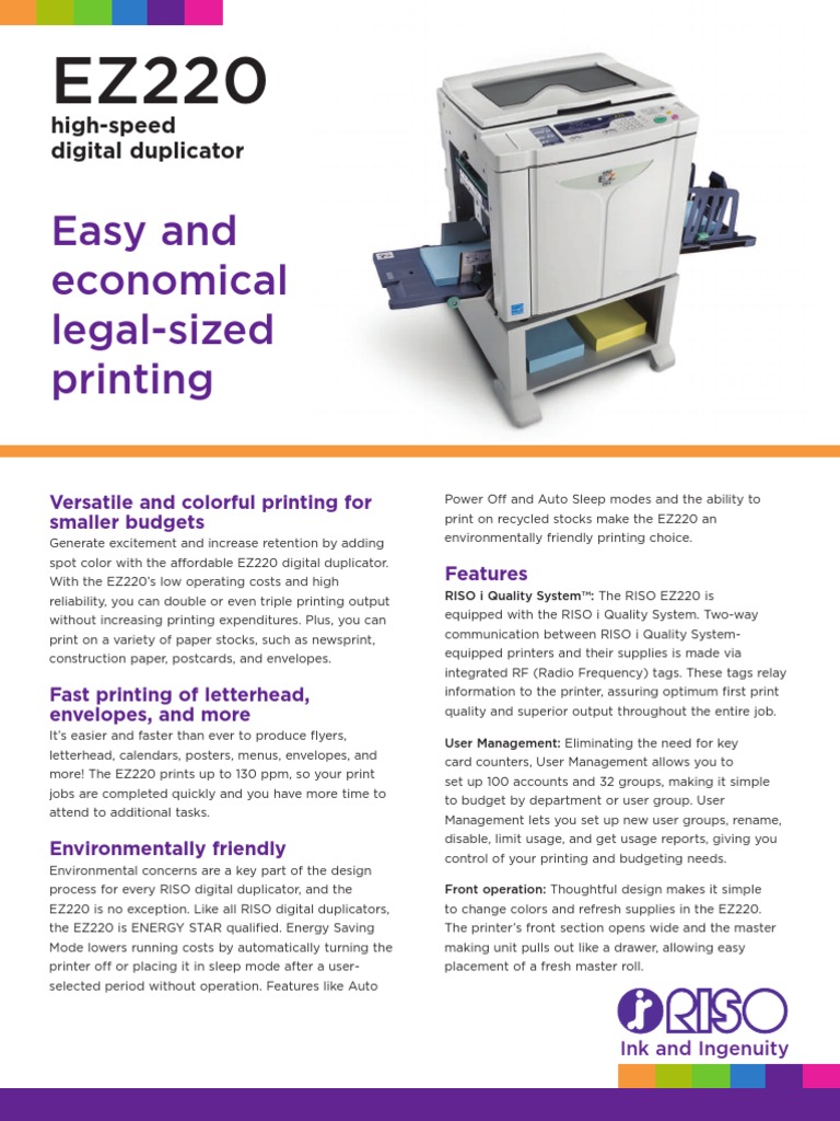 Riso Ez220 Spec Sheet | Printer (Computing) | Paper | Free 30-day Trial ...