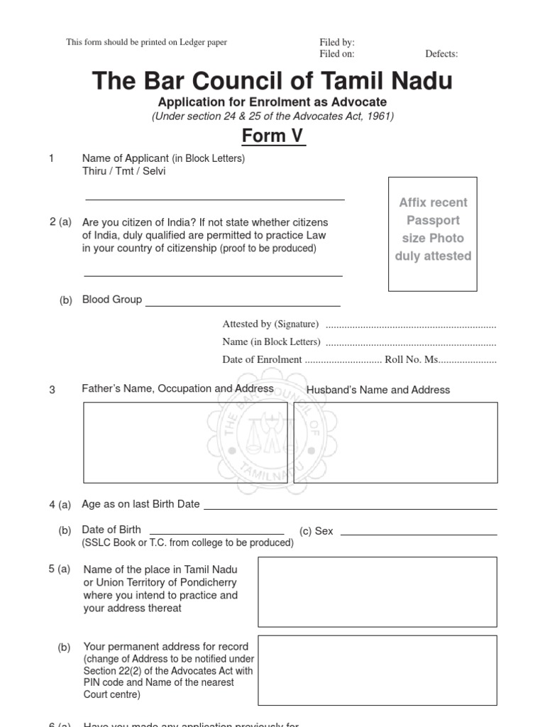 Tamil Nadu Advocate Enrollment Form | PDF | Advocate | Academic Degree