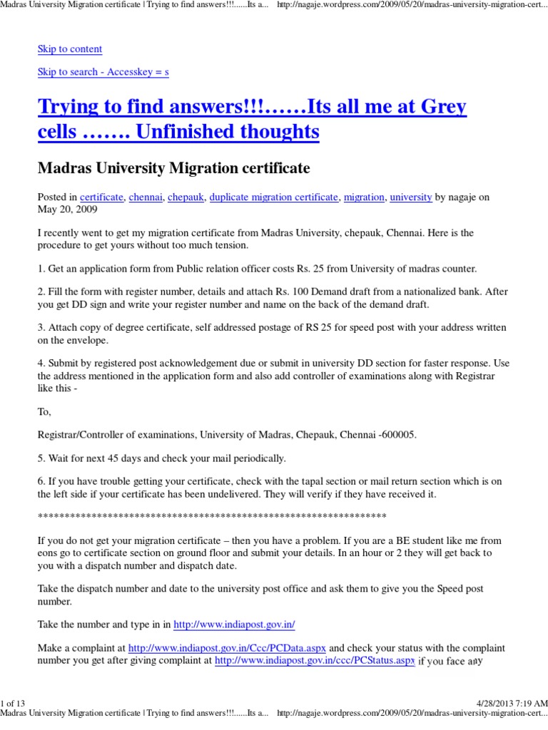 Madras University Migration Certificate | PDF | Further Education | Leisure