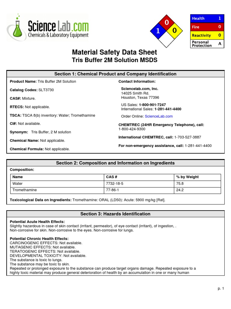 MSDS Tris Buffer | PDF | Toxicity | Flammability