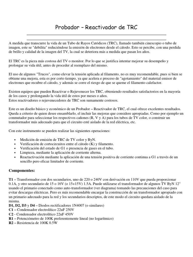 Probador de Cinescopio | PDF | Tubo de rayos catódicos | Transformador
