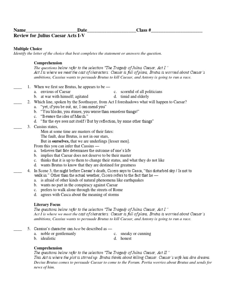 Julius Caesar Study Guide | PDF | Marcus Junius Brutus The Younger ...