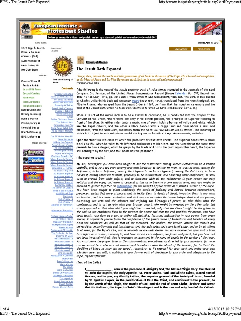 EIPS - The Jesuit Oath Exposed | PDF | Pope | Catholic Church