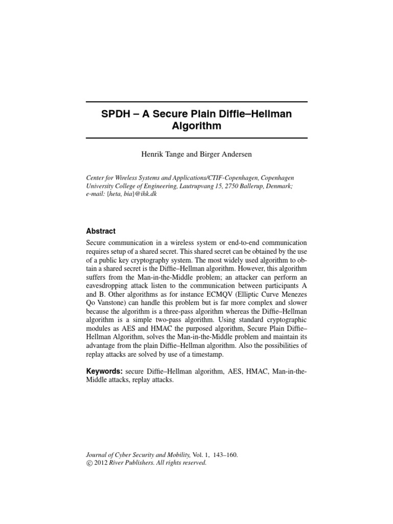 SPDH - A Secure Plain Diffie-Hellman Algorithm | PDF | Key (Cryptography) | Public Key Cryptography