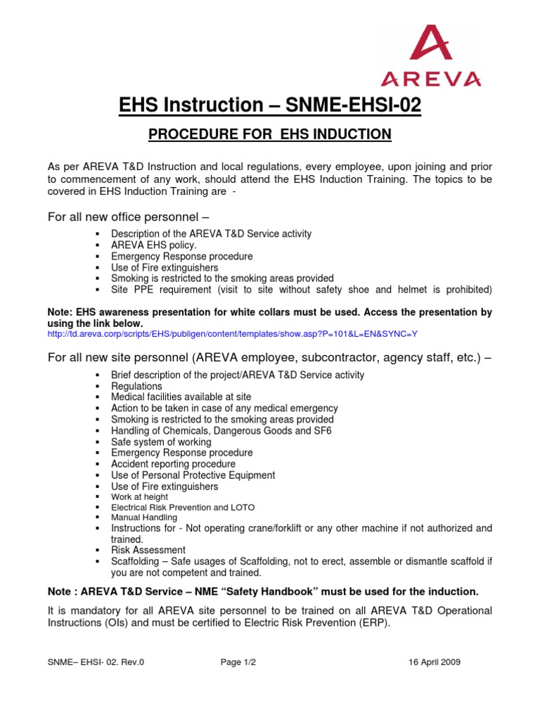 SNME-EHSI-02, Rev.0 EHS Induction Procedure | Occupational Safety And ...