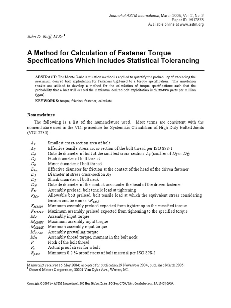 A Method For Calculation of Fastener Torque Specifications Which ...