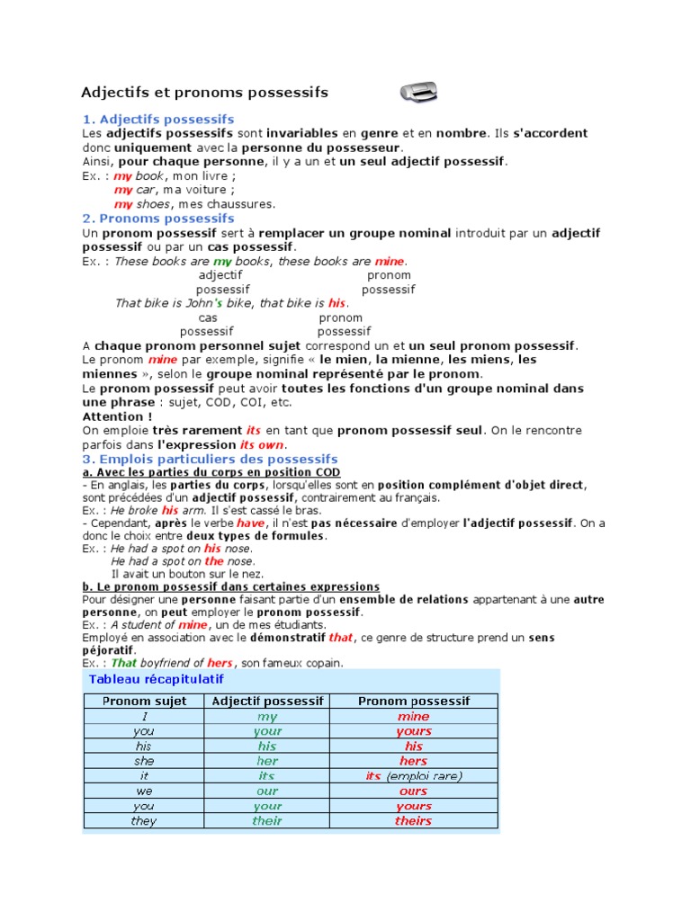 Grammaire Les Adjectifs Possessifsles Pronoms Possessifs Le FLE En Un
