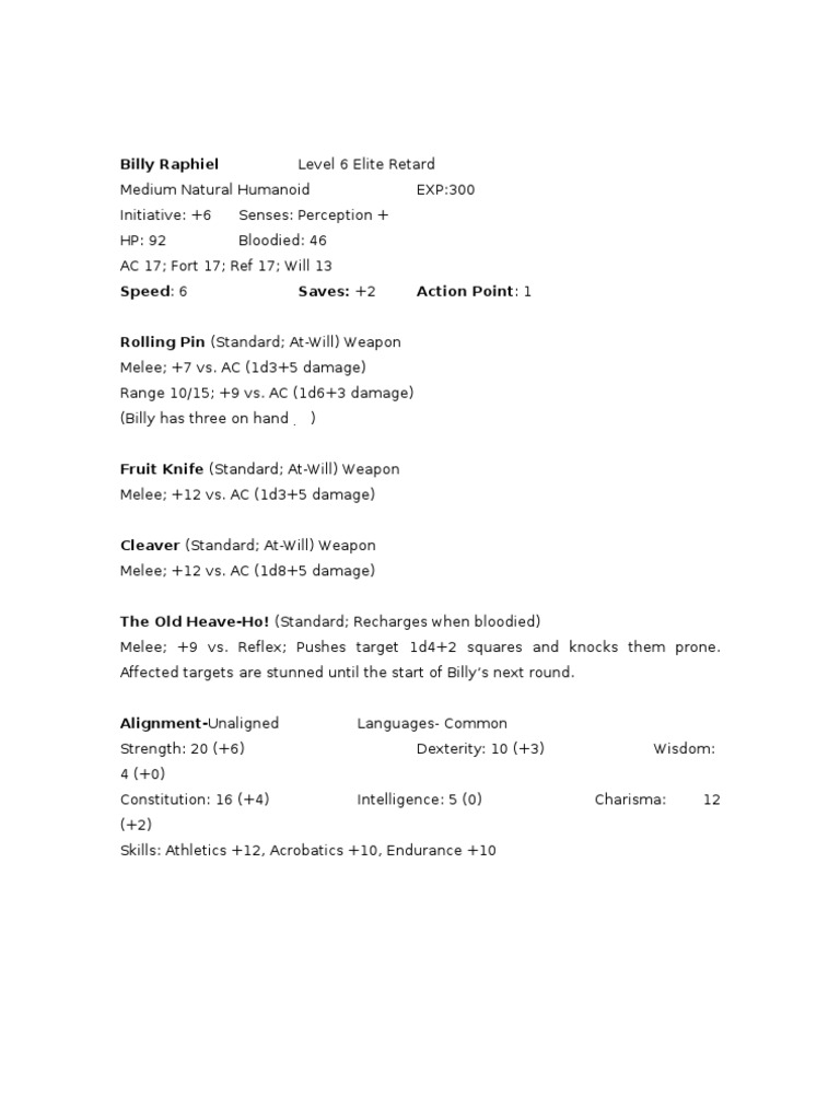 Billy Raphiel: Level 6 Elite Character Stats | PDF