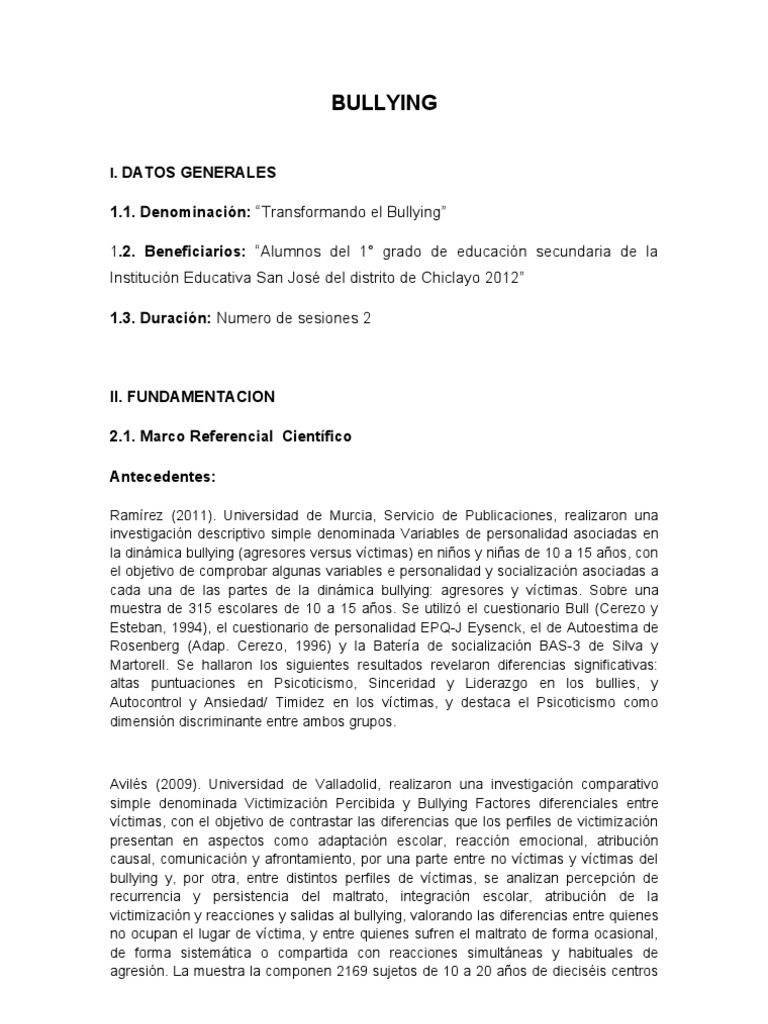 Proyecto de Bullying | PDF | Sicología | Ciencias del comportamiento