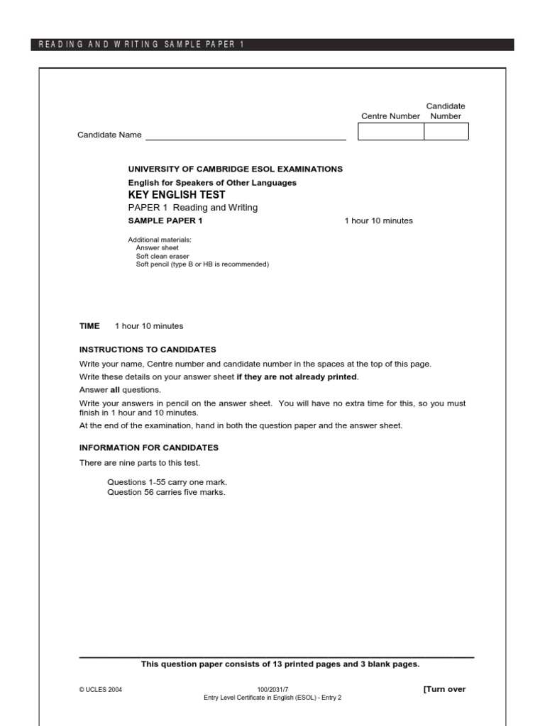 KET Sample Paper R.W. | PDF