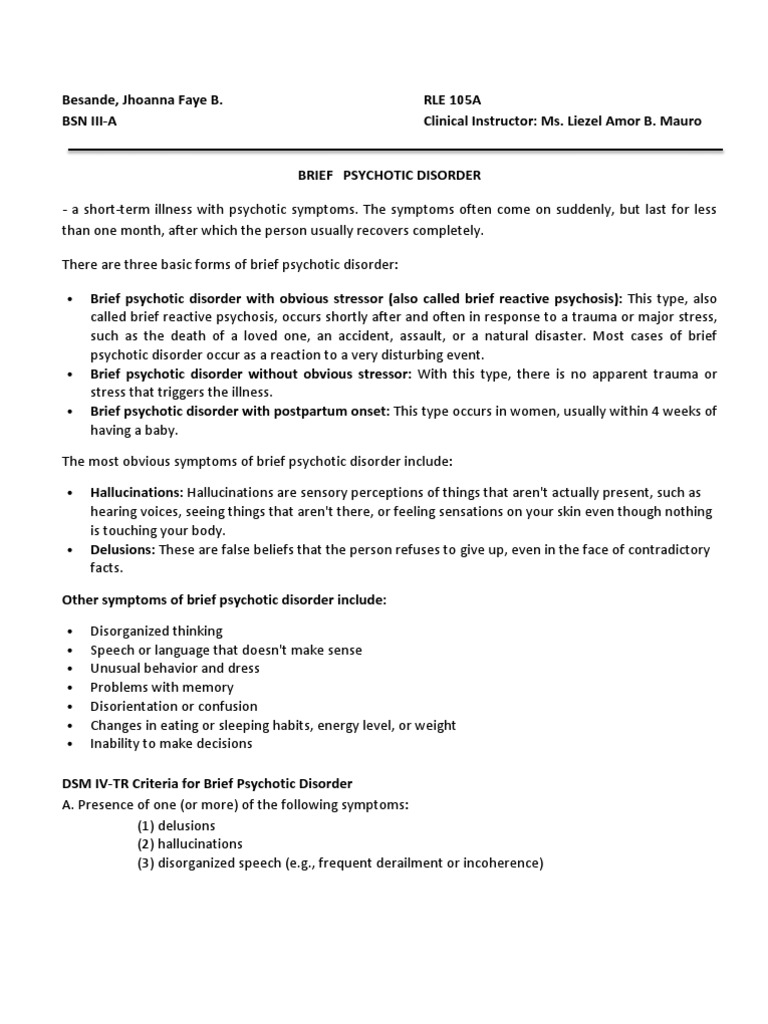 Brief Psychotic Disorder | PDF | Psychosis | Mental Disorder