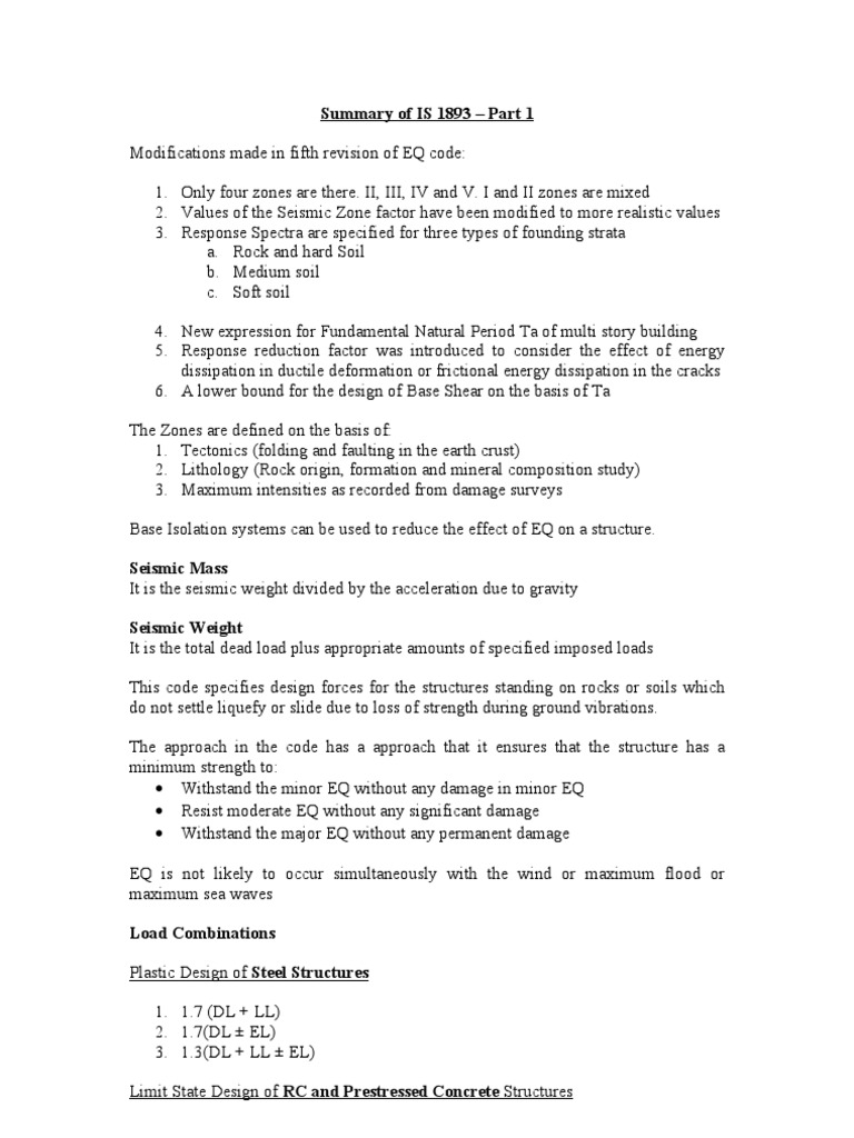 Summary of IS 1893 - Part 1 | PDF