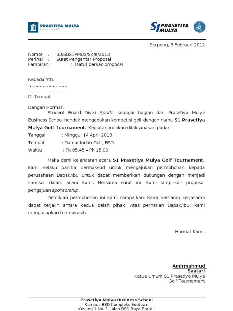 Surat Pengantar Proposal Golf | PDF
