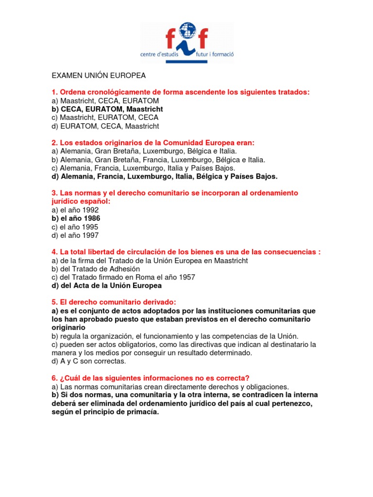 Test Union Europea Soluciones | PDF | Ley de la Unión Europea ...