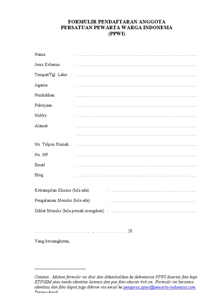 Formulir Anggota Baru Ppwi | PDF