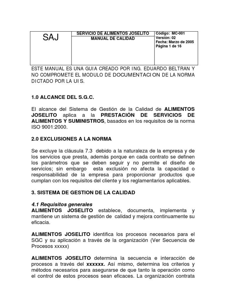 Iso-8859-1''Manual Calidad Alimentos Joselito Partci | PDF | Gestión de ...