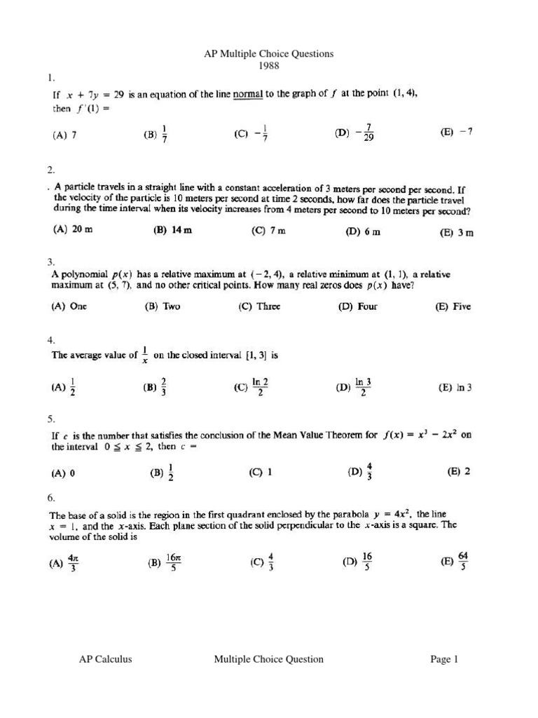 1988 AP Calculus MCQ Overview | PDF