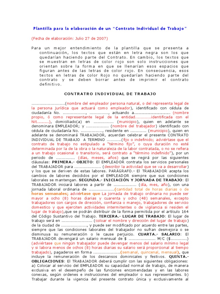 Plantilla para La Elaboracion de Contrato Individual de Trabajo | PDF | Derecho laboral | Tiempo ...