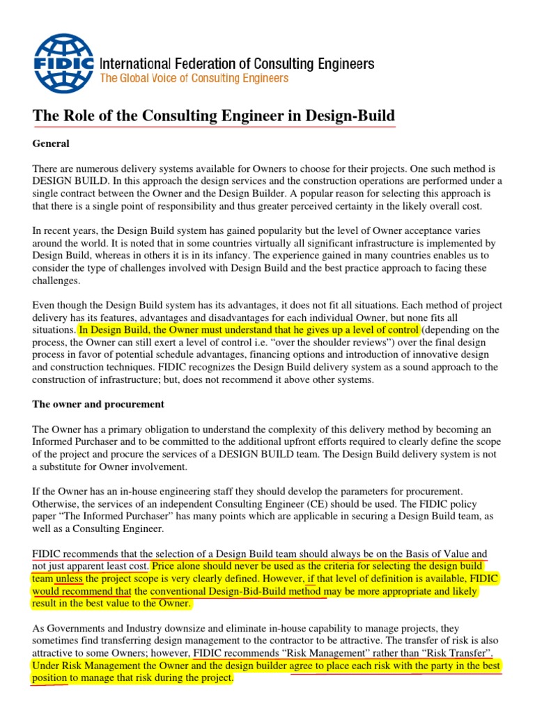 The Role of the Consulting Engineer in Design Build ( FIDIC ...