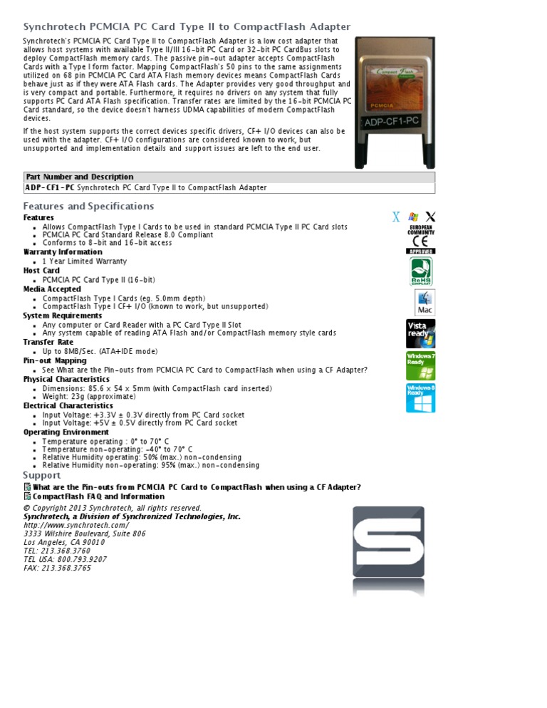 Datasheet: Synchrotech PCMCIA PC Card Type II To CompactFlash Adapter ...