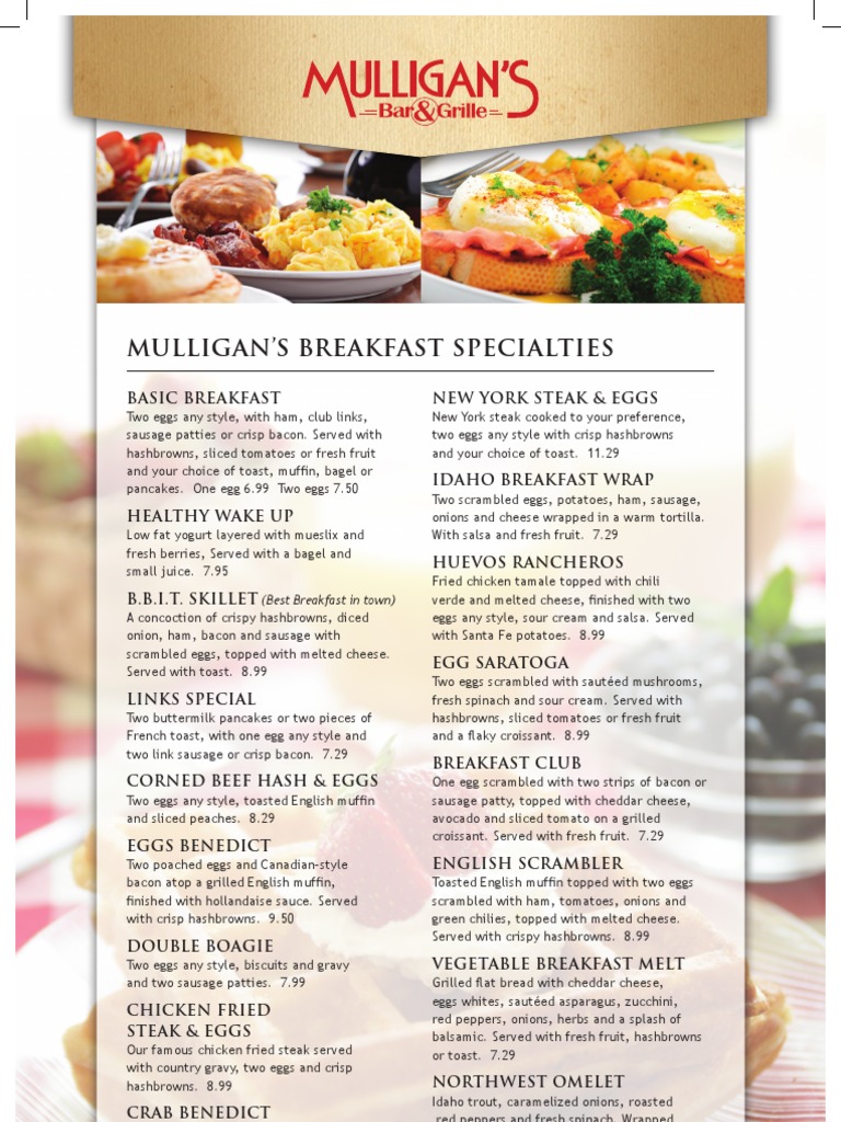 Mulligan's Breakfast Menu | PDF | Sausage | Bacon