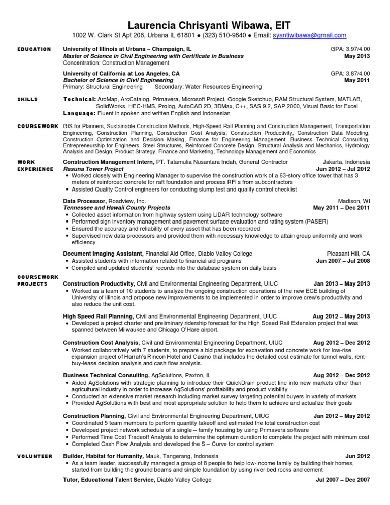 Laurencia C Wibawa Resume | PDF | Construction Management | University ...