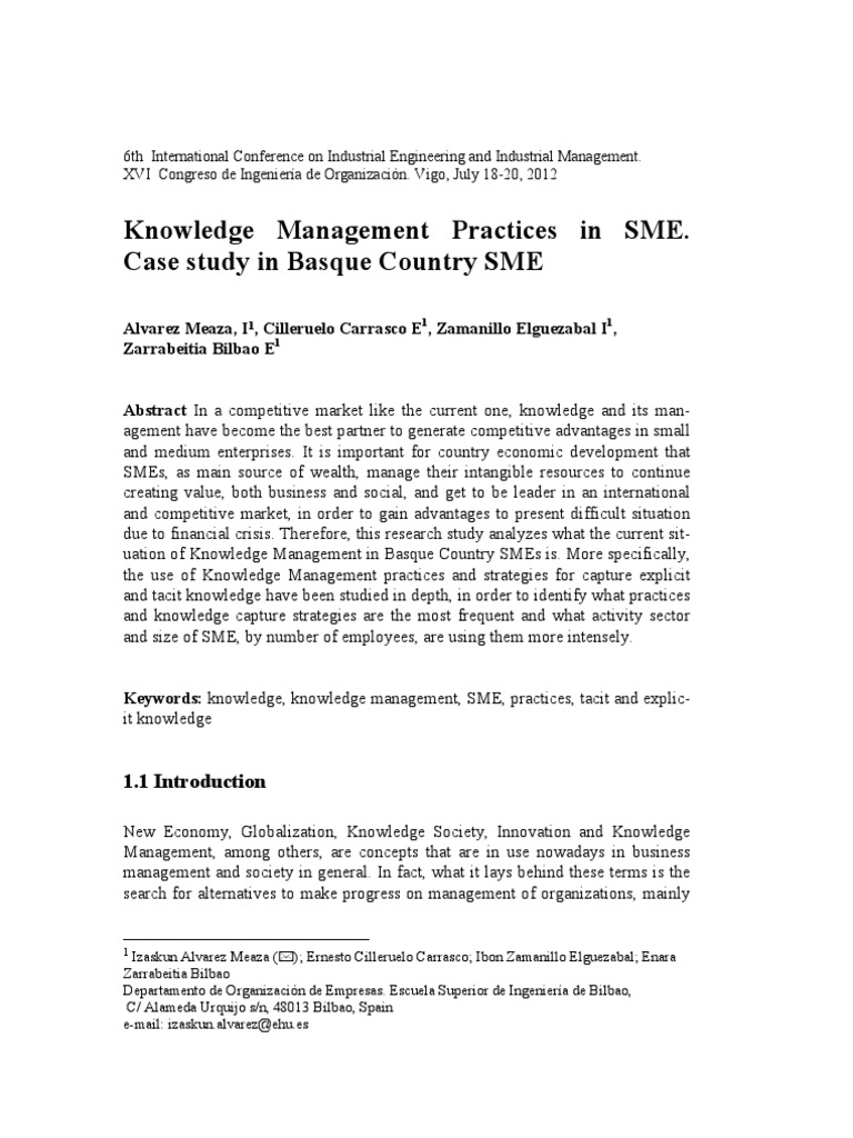 Knowledge Management Practices in SME. Case Study in Basque Country SME ...