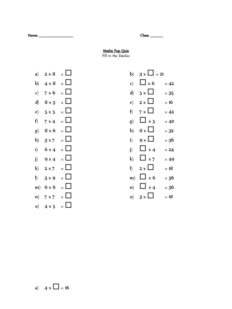 Maths Pop Quiz: Multiplication Practice | PDF