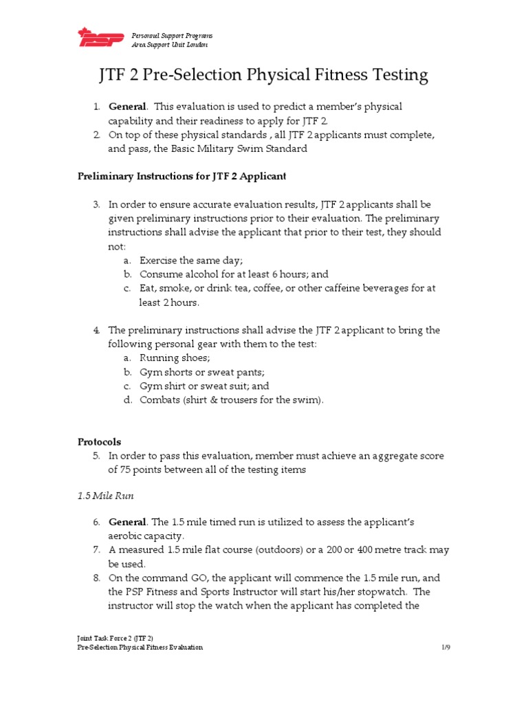 JTF2 Pre-Selection Physical Fitness Evaluation | PDF | Recreation | Sports