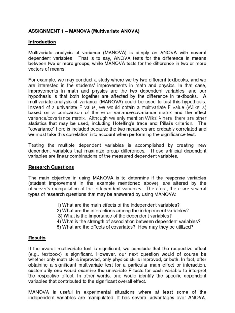 Assignment 1 - MANOVA (Multivariate ANOVA) | PDF | Analysis Of Variance | Regression Analysis