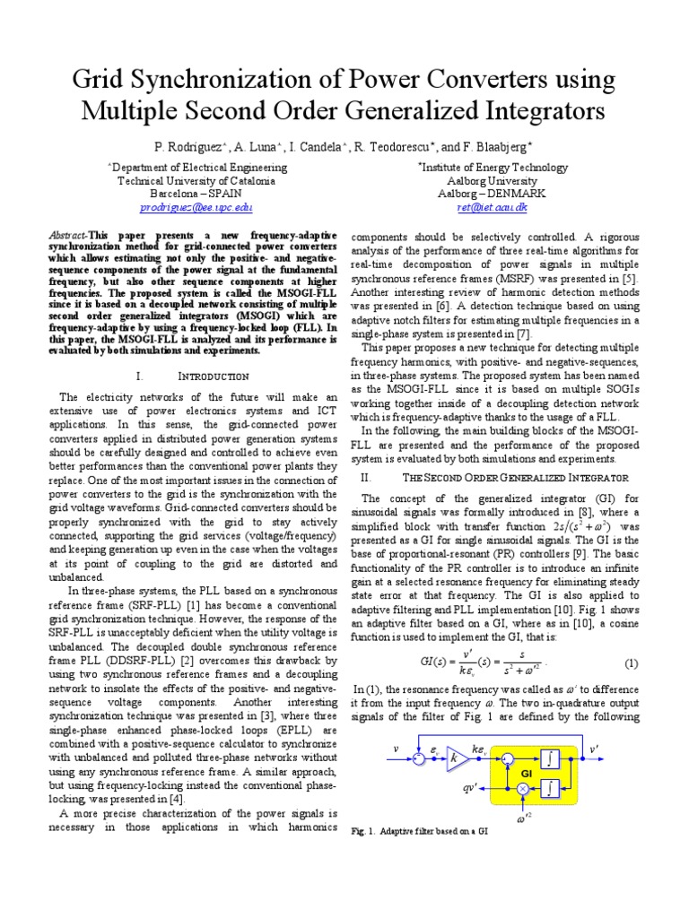 Grid Synchronization Of Power Converters Using Multiple Second Order Generalized Integrators
