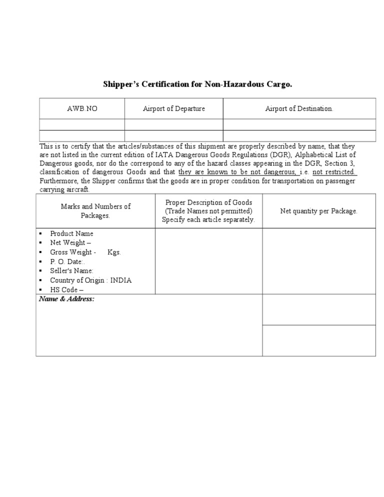 Shipper's Certification For Non-Hazardous Cargo.: Name & Address | PDF
