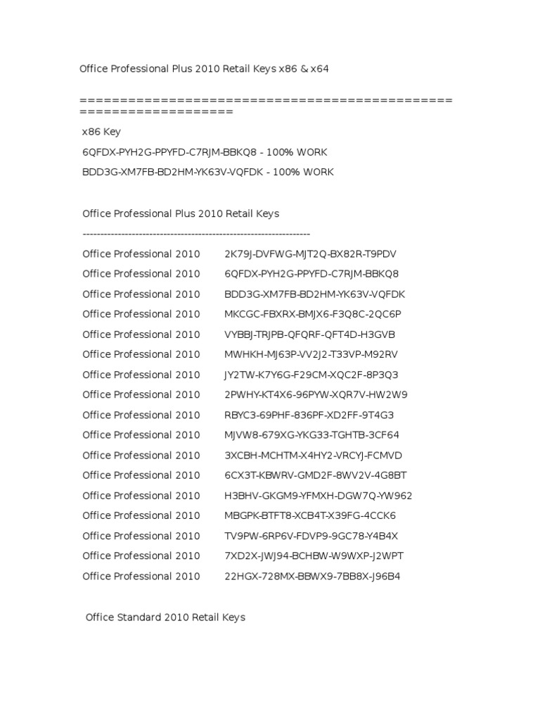 Office 2010 Product Keys List | PDF | Microsoft Office | Office Work