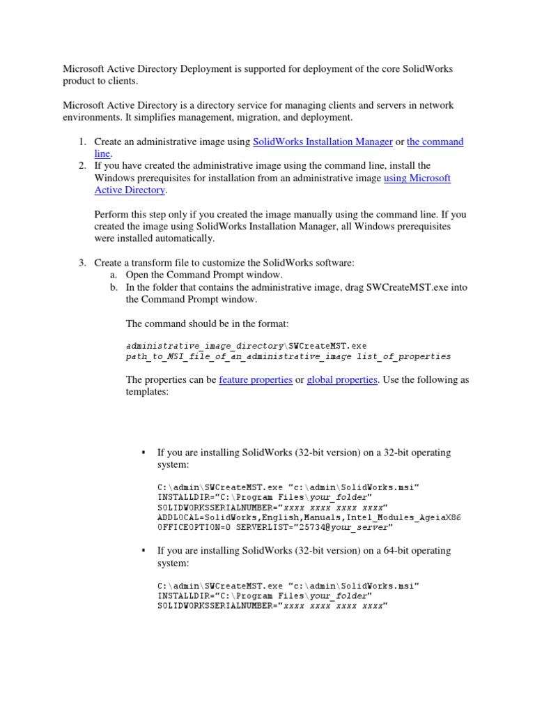 Microsoft Active Directory Deployment Is Supported For Deployment of The Core SolidWorks Product ...