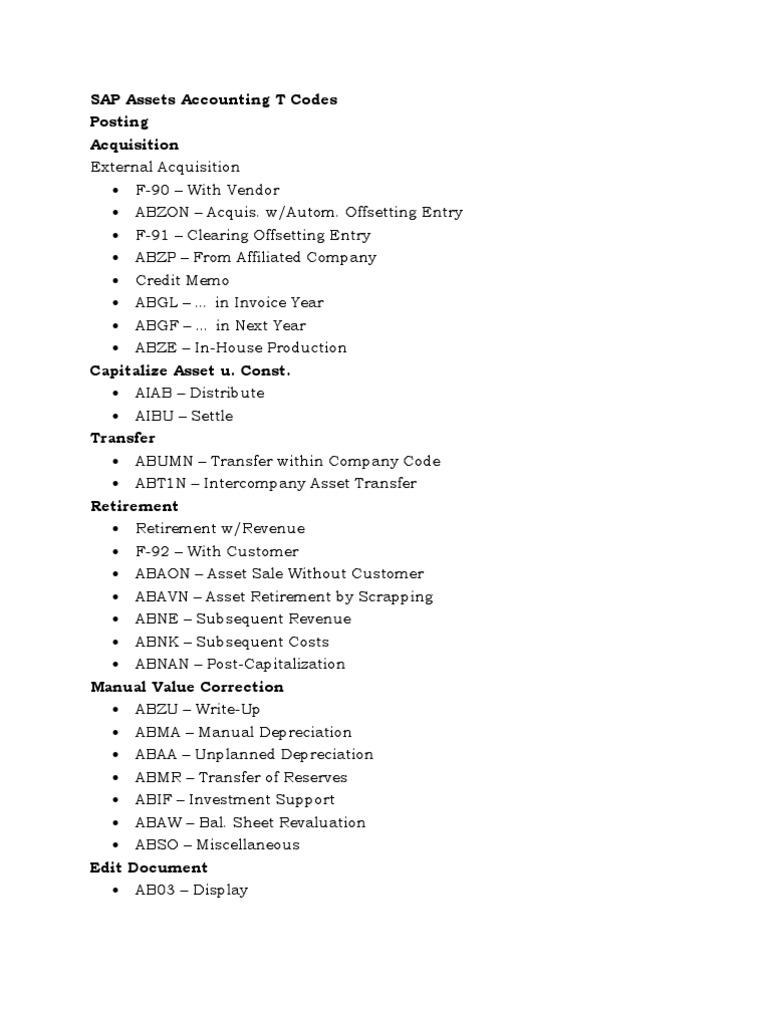 SAP Assets Accounting T Codes Guide | PDF | Depreciation | Valuation ...