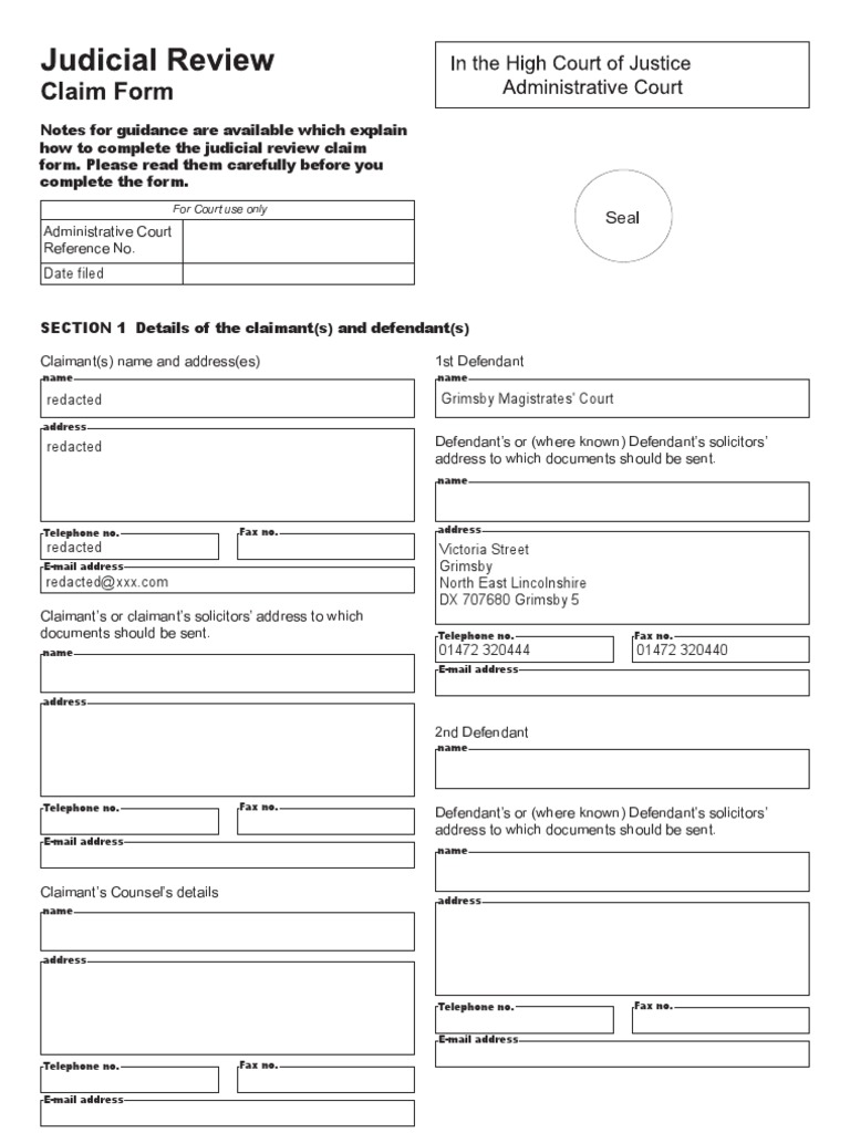 N461 - Judicial Review - Redacted Claim Form PDF | Magistrate | Judge