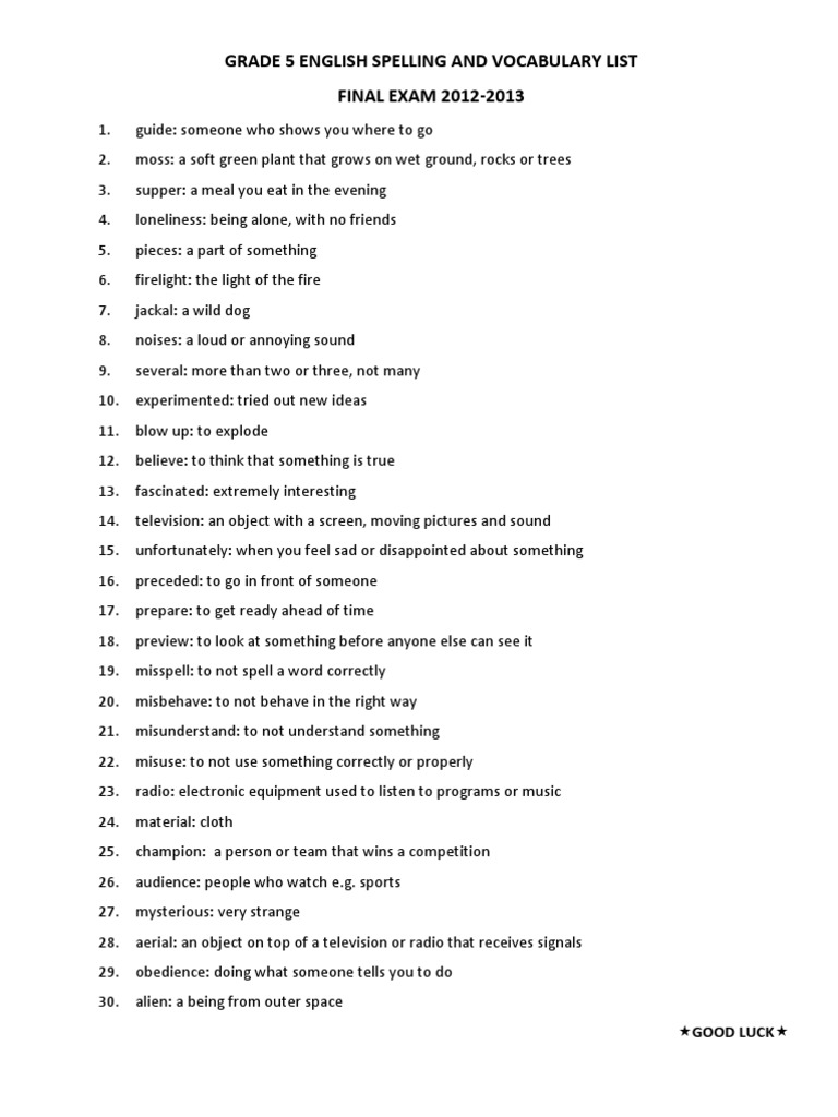 Grade 5 Spelling and Vocabulary List | PDF