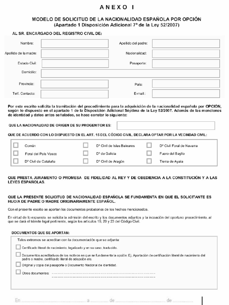 Anexo I Solicitud Nacionalidad Española | PDF