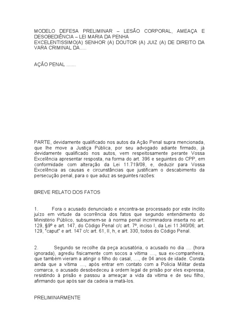 Modelo Defesa Preliminar Cpp | Bateria (Crime) | Procedimento criminal