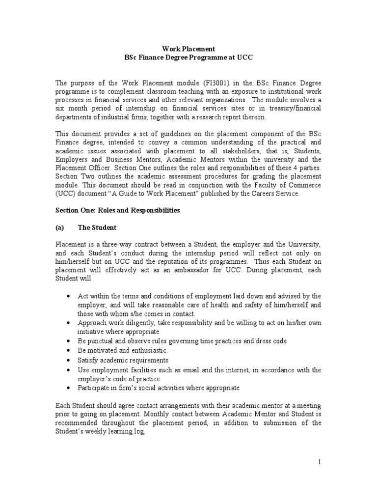 Work Placement BSC Finance Degree Programme at Ucc | PDF | Mentorship ...