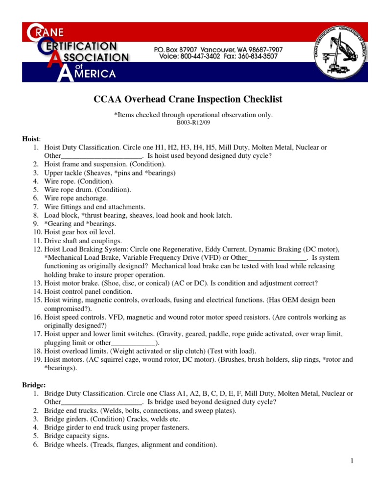 Cca A Overhead Crane Checklist | PDF | Electric Motor | Switch