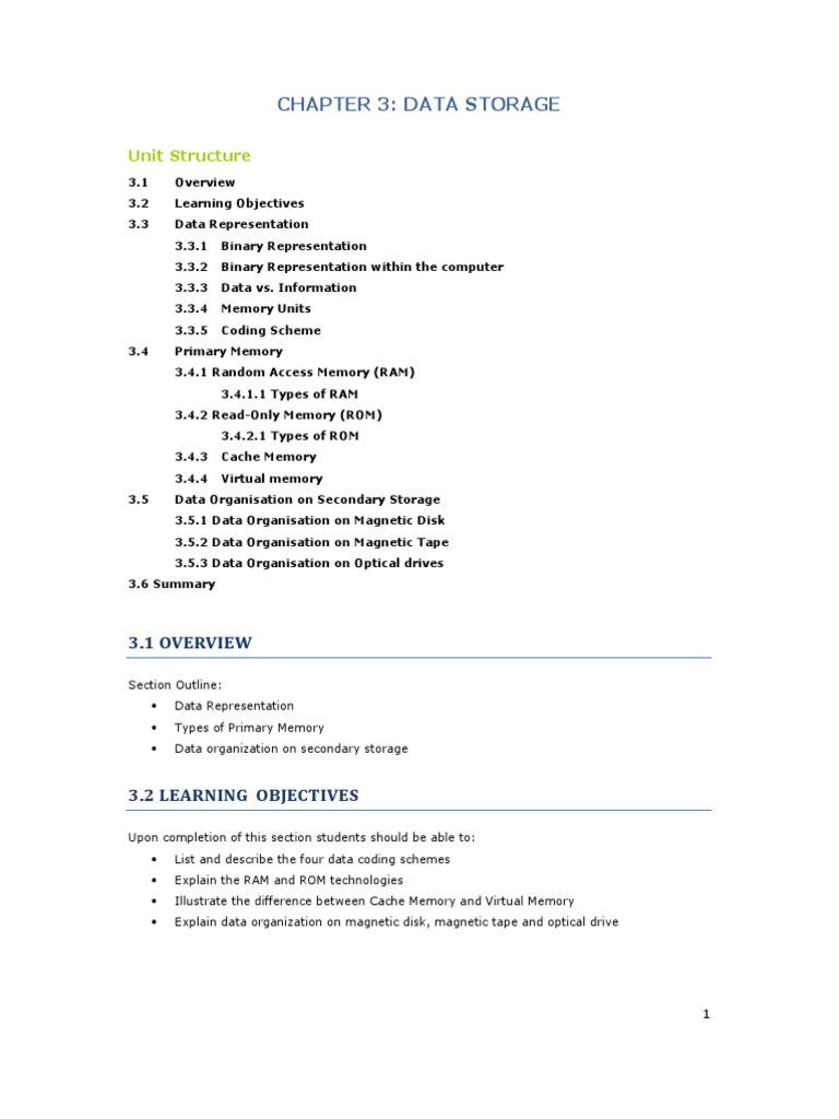 Chapter 3: Data Storage: Unit Structure | PDF | Random Access Memory | Read Only Memory